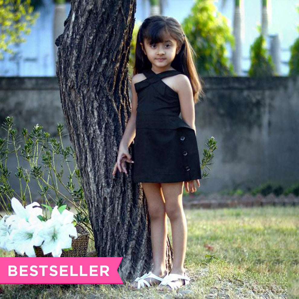 Cross Neck Cotton Mid Thigh Length Dress - Black – Piccolokids-in